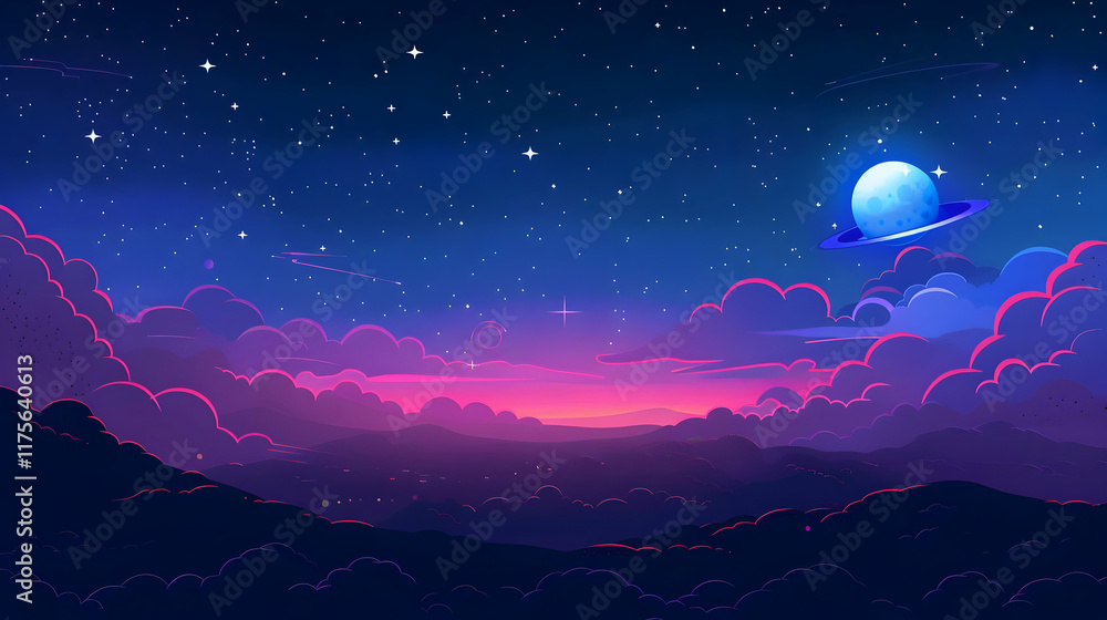 Space-themed 2D background with distant stars, nebula clouds, and a ...