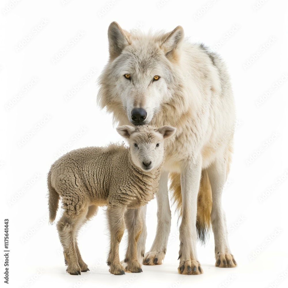 Arctic wolf and lamb standing together on white background ...