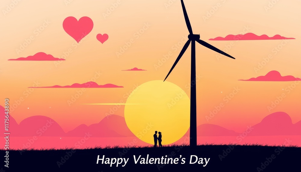 Wind Farm Romance. Minimalist valentine illustration with couple ...