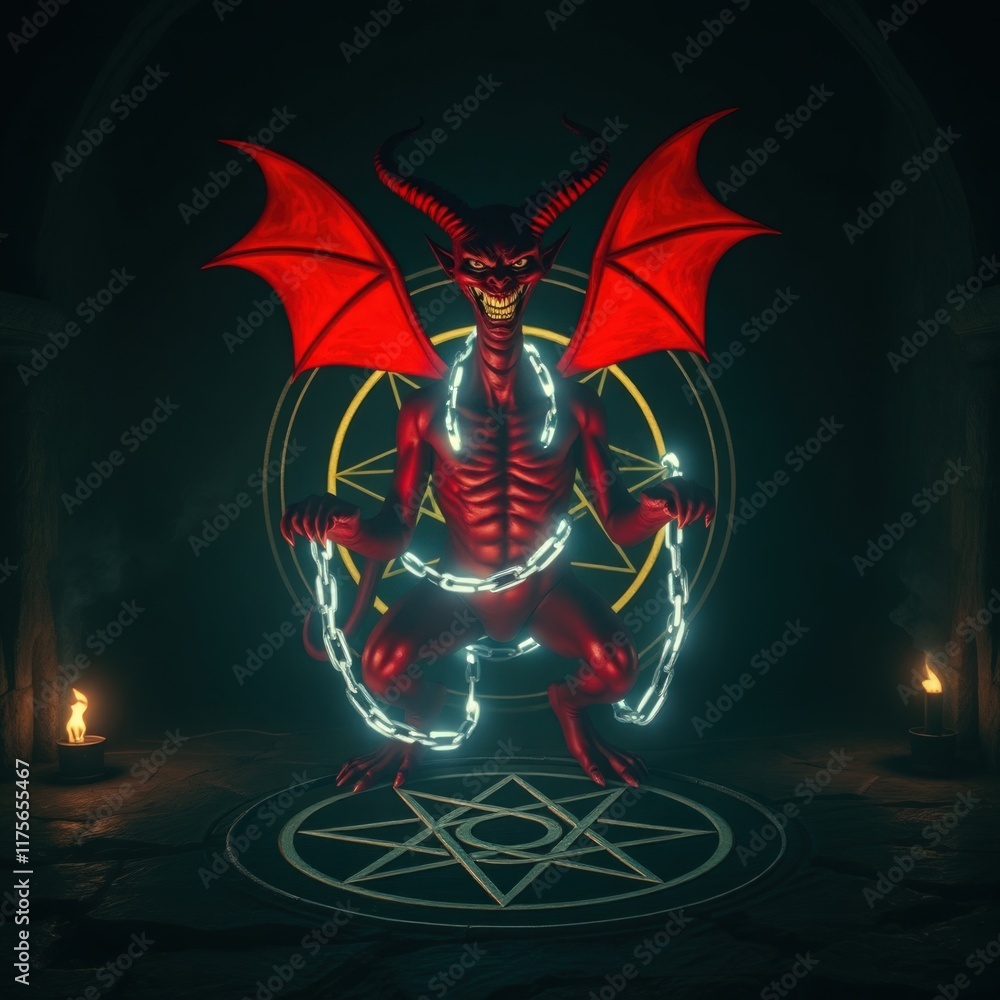 Demon with Satanic Symbols. Baphomet Symbol. Heptagram. Petagram. Red ...