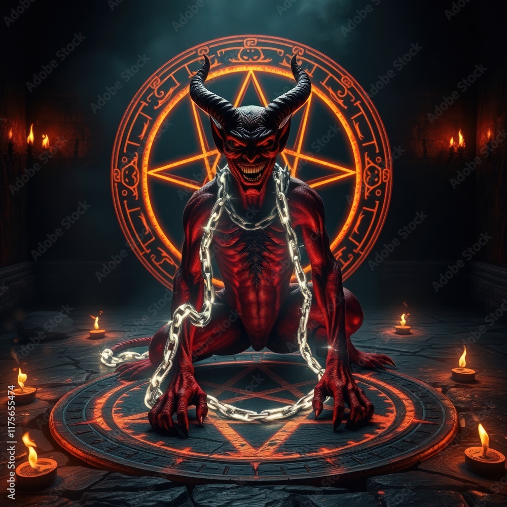 Demon with Satanic Symbols. Baphomet Symbol. Heptagram. Petagram. Red ...