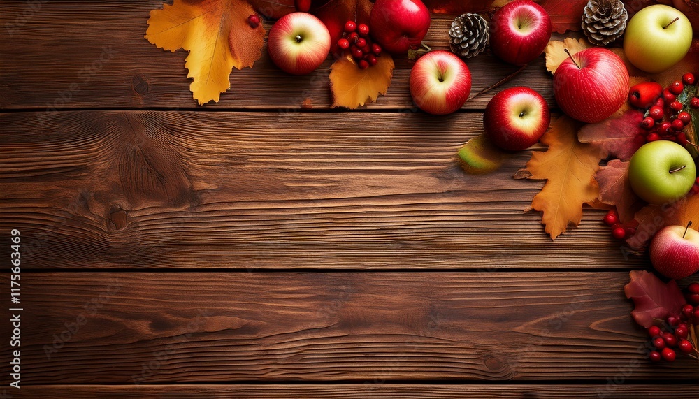 autumn corner border of apples and fall components on a country wood ...
