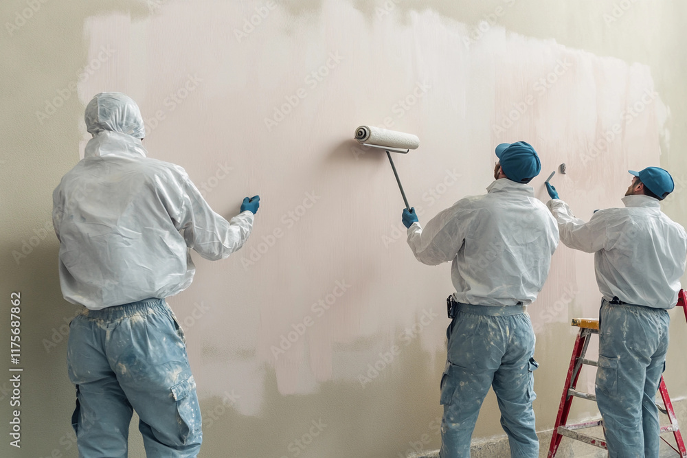 Professional painters work together to apply a fresh coat of light ...
