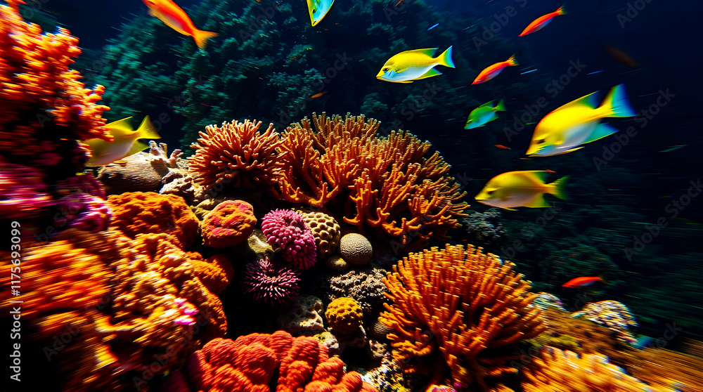 A vibrant reef with corals and fish depicted in dynamic motion, intense ...
