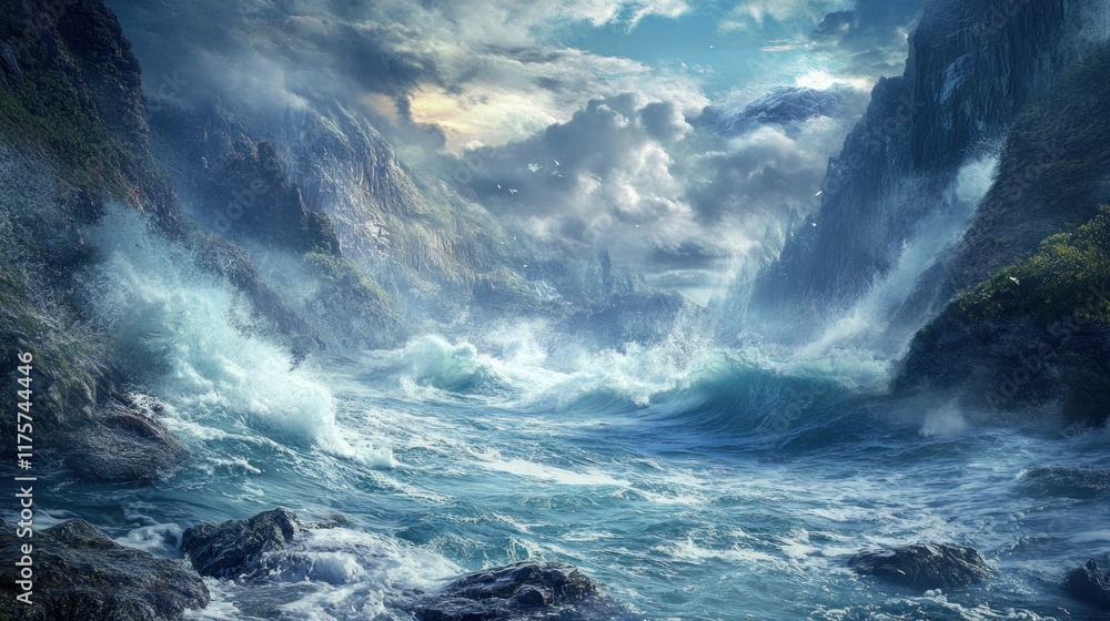 Strong ocean currents sweep through narrow straits, waves crash against ...