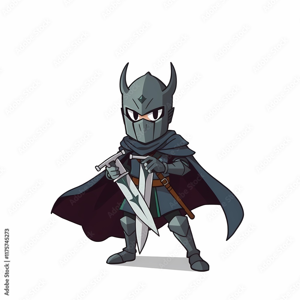 Chibi Knight: A cute and stylized chibi knight, clad in dark armor and ...
