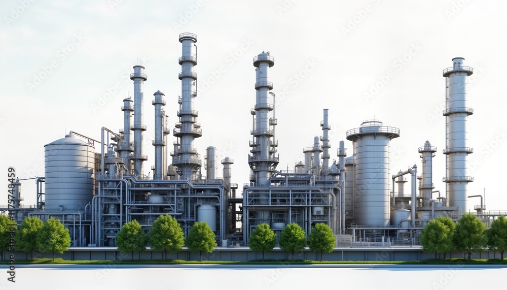 Large oil refinery complex with many pipes, towers. Modern industrial ...