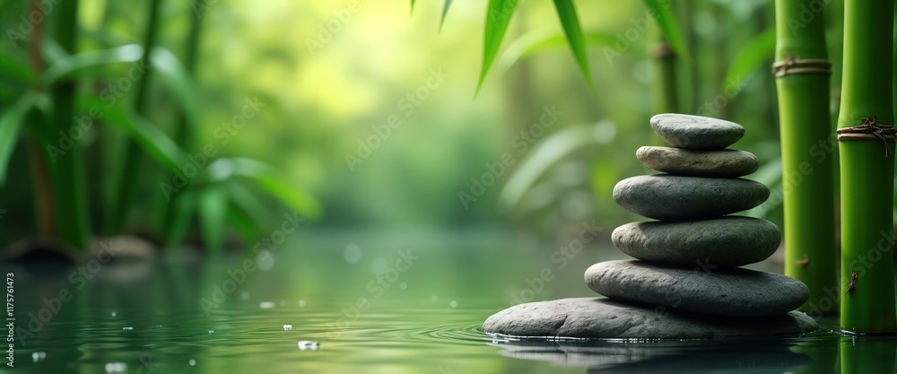 Zen garden scene shows stacked stones in tranquil water. Bamboo forest ...