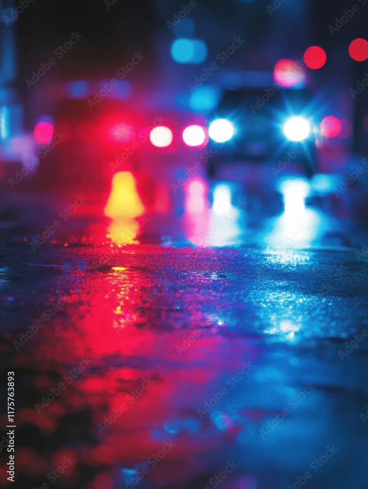 Atmospheric image capturing blurred police lights at a crime scene with ...