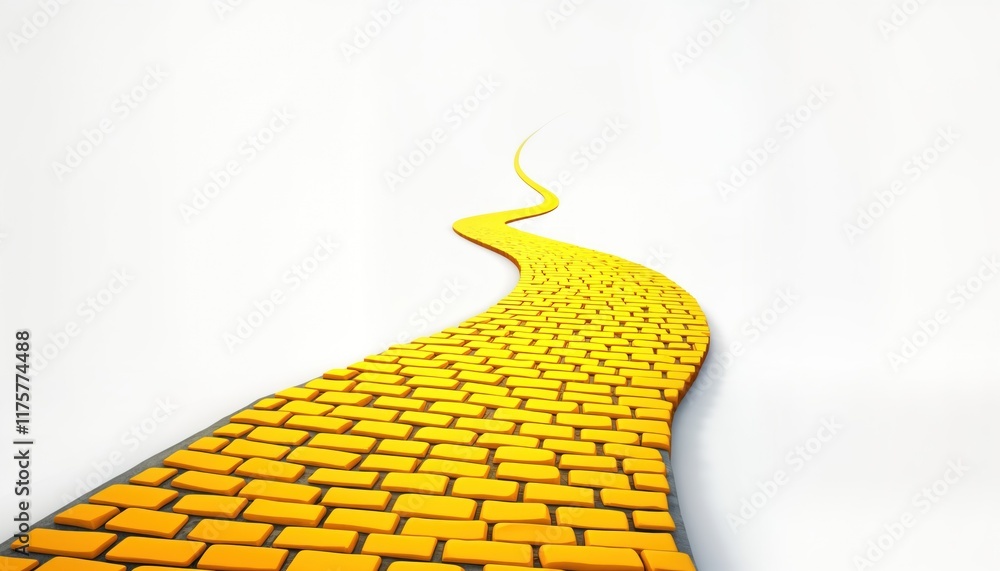 Empty yellow brick pathway stretches across white background. Winding ...