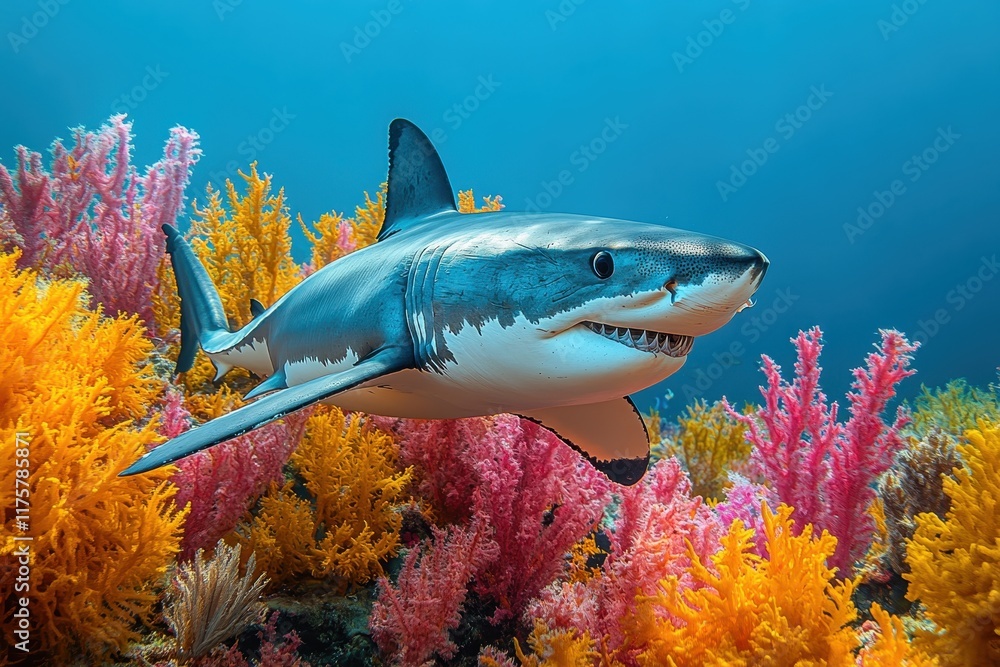 Colorful underwater landscape featuring a great white shark swimming ...