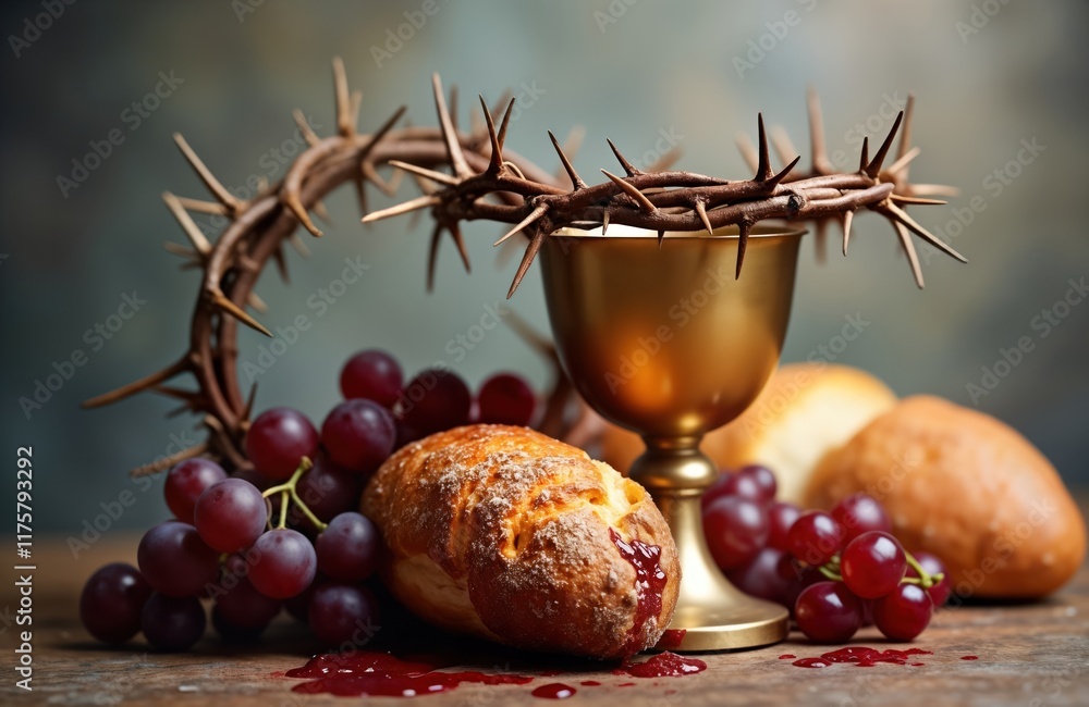Religious still life with crown of thorns, chalice. Bread, grapes ...
