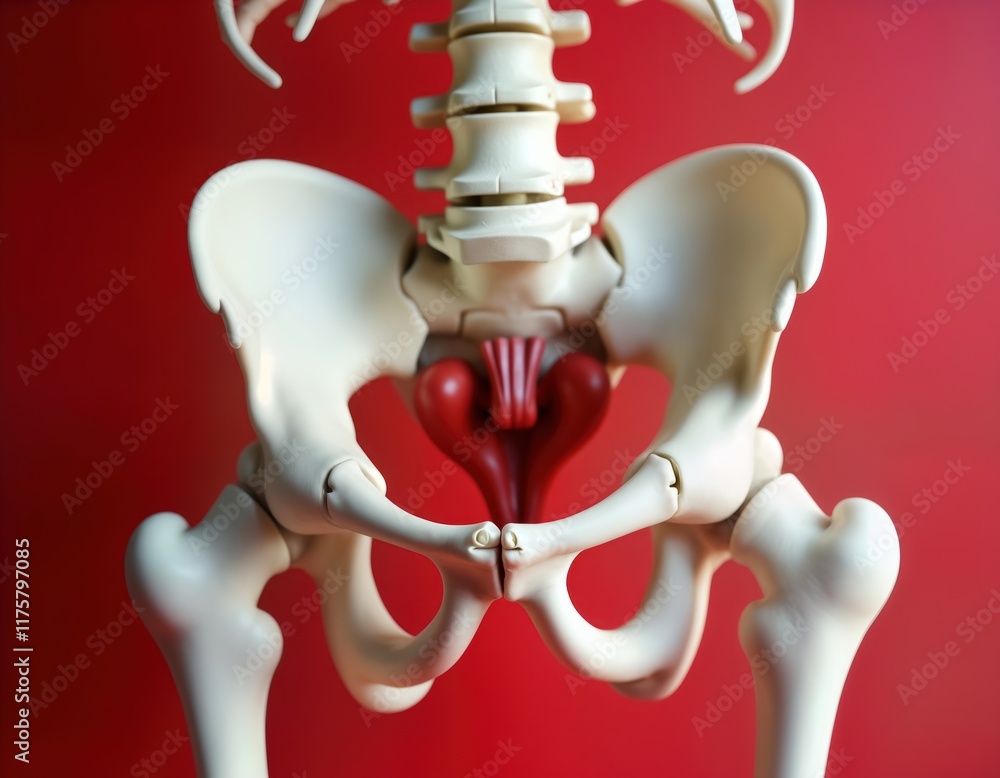 Closeup anatomy model of human pelvis. Pelvic bones, muscles visible ...