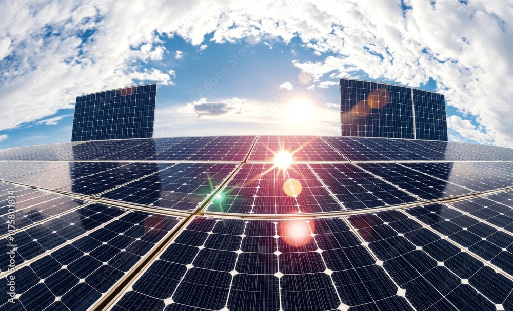 Solar panels, futuristic energy grid, sunburst, digital network lines ...