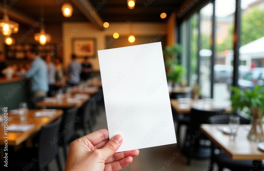 Hand holds blank menu mock-up inside cafe. Blank paper sheet for menu design. Restaurant ...