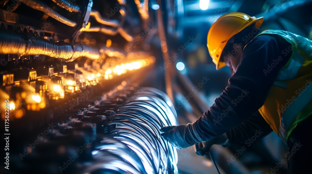 Technicians working on the installation of fiber optic cables in an ...