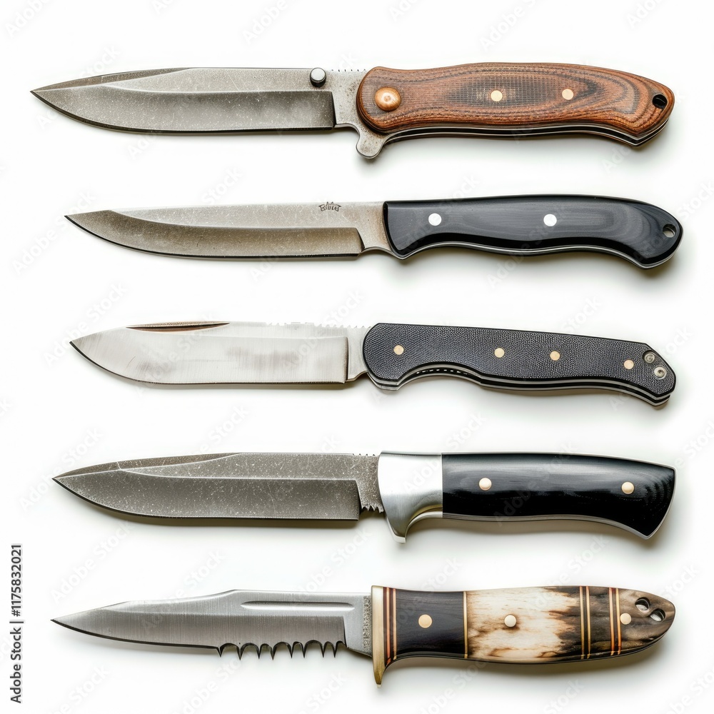 Five knives with various blade styles and handle materials are arranged ...