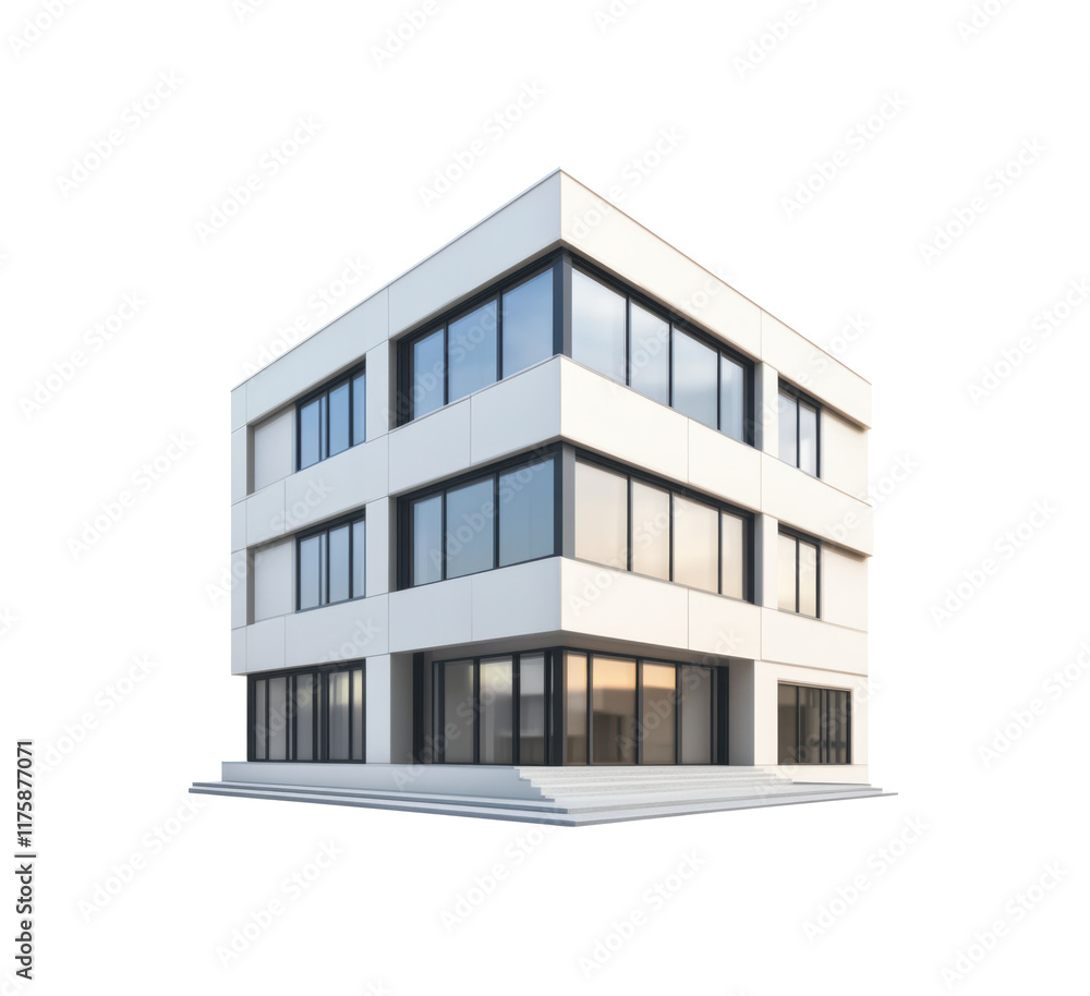 3D boxy modern building illustration featuring a clean, simplistic ...