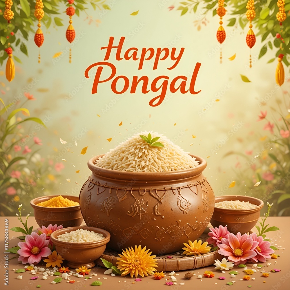 Happy Pongal Celebration Background With Traditional Dish Rice In Mud ...