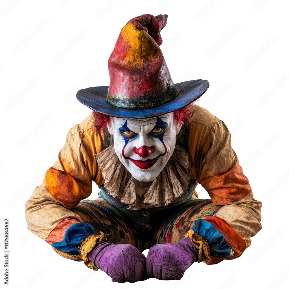 Sinister clown lurking on a bright transparent background, adding an ...