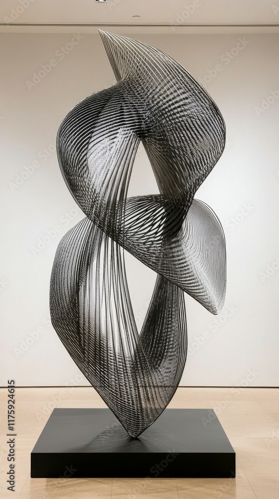 A modern art sculpture made from metallic rods bent into angular and ...