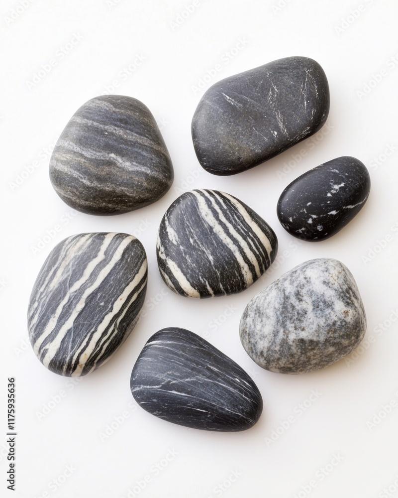Minimalist collection of natural striped and spotted stones on white ...