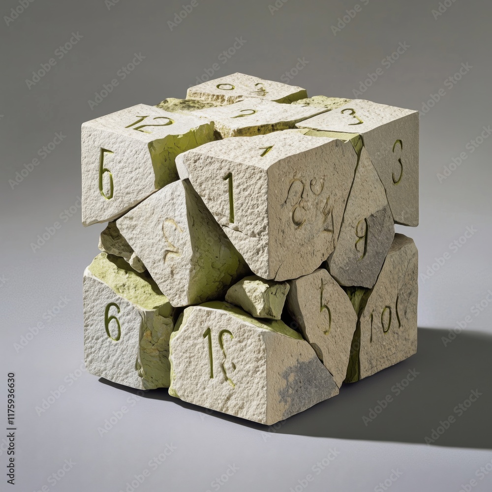 Abstract sculptural cube with engraved numbers on broken limestone ...