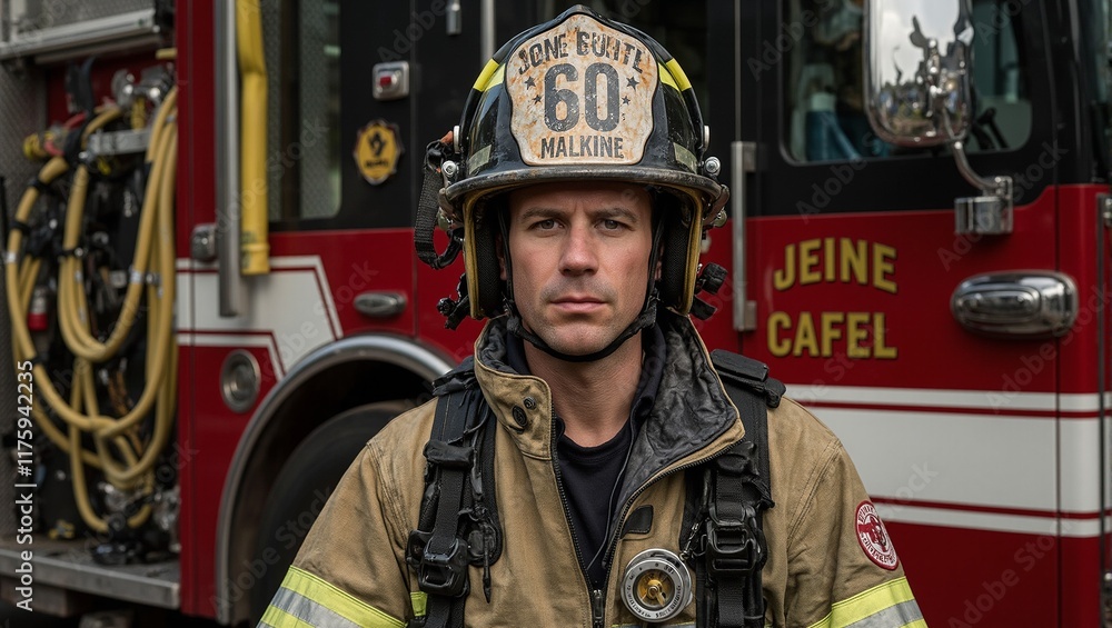 Courageous firefighter ready for action in front of fire truck Stock ...