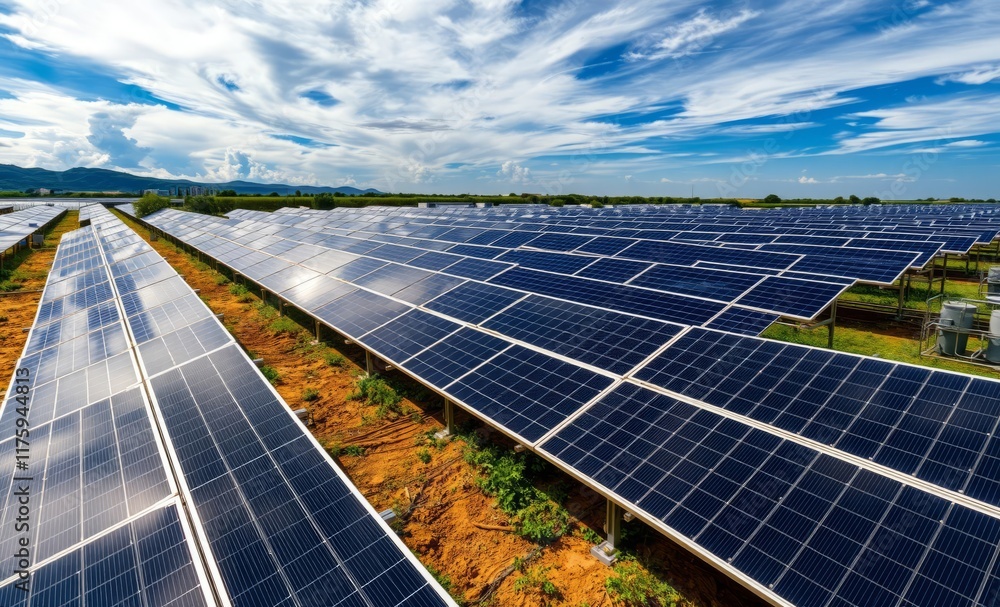 Solar panel array, vast renewable energy farm, blue sky with wispy ...
