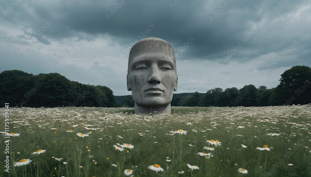 Large stone head sculpture rises prominently in a field of wildflowers ...