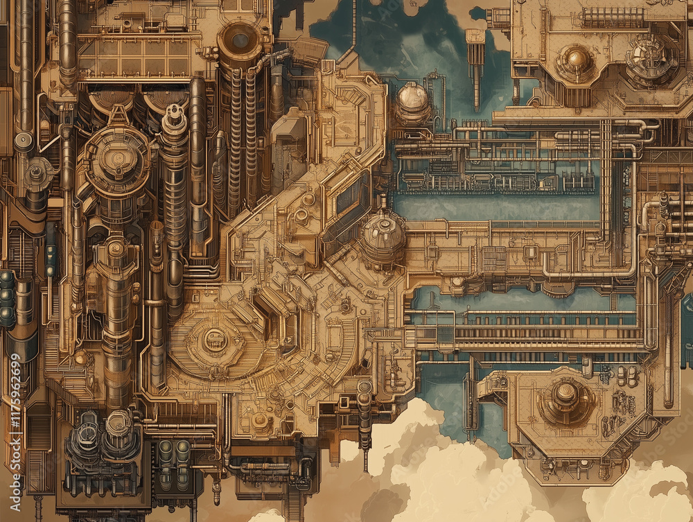 RPG map of a mechanical city, gears and steam pipes connecting ...