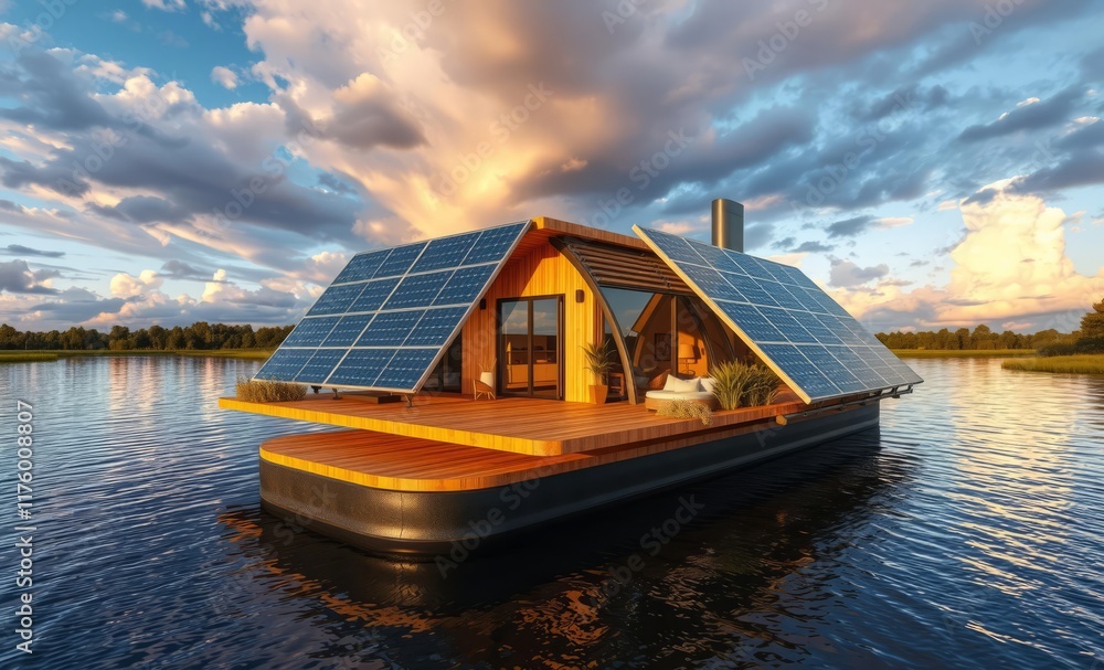 Floating solar-powered tiny house, modern houseboat, eco-friendly ...