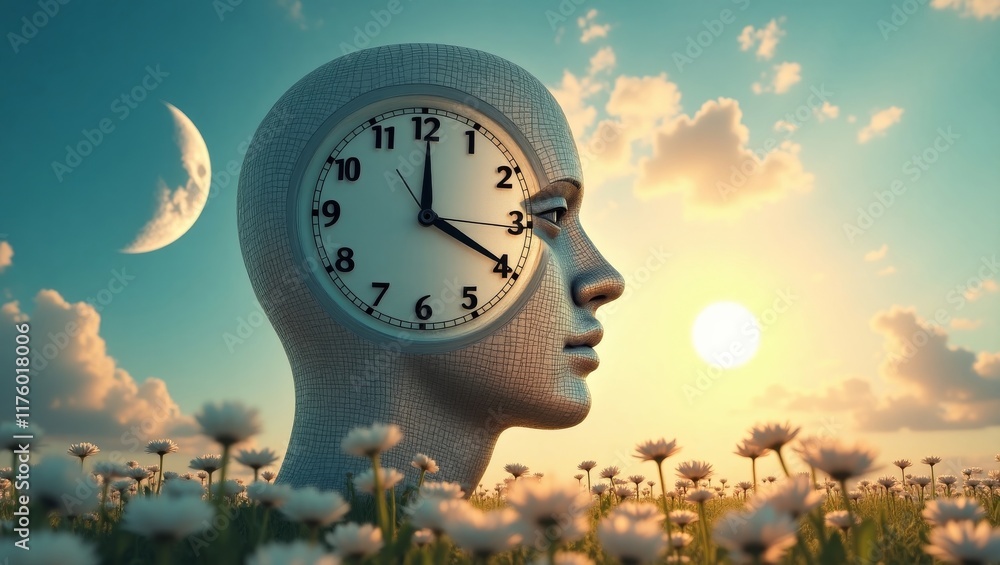 Surreal wireframe human head with clock sun moon and field of flowers ...