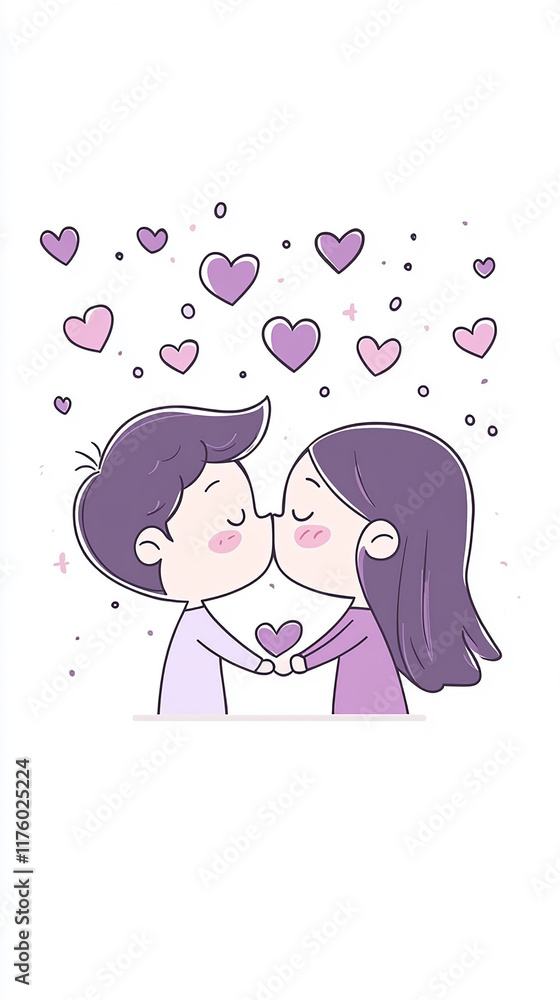 Cute cartoon couple kissing, graphic style, white background, simple ...