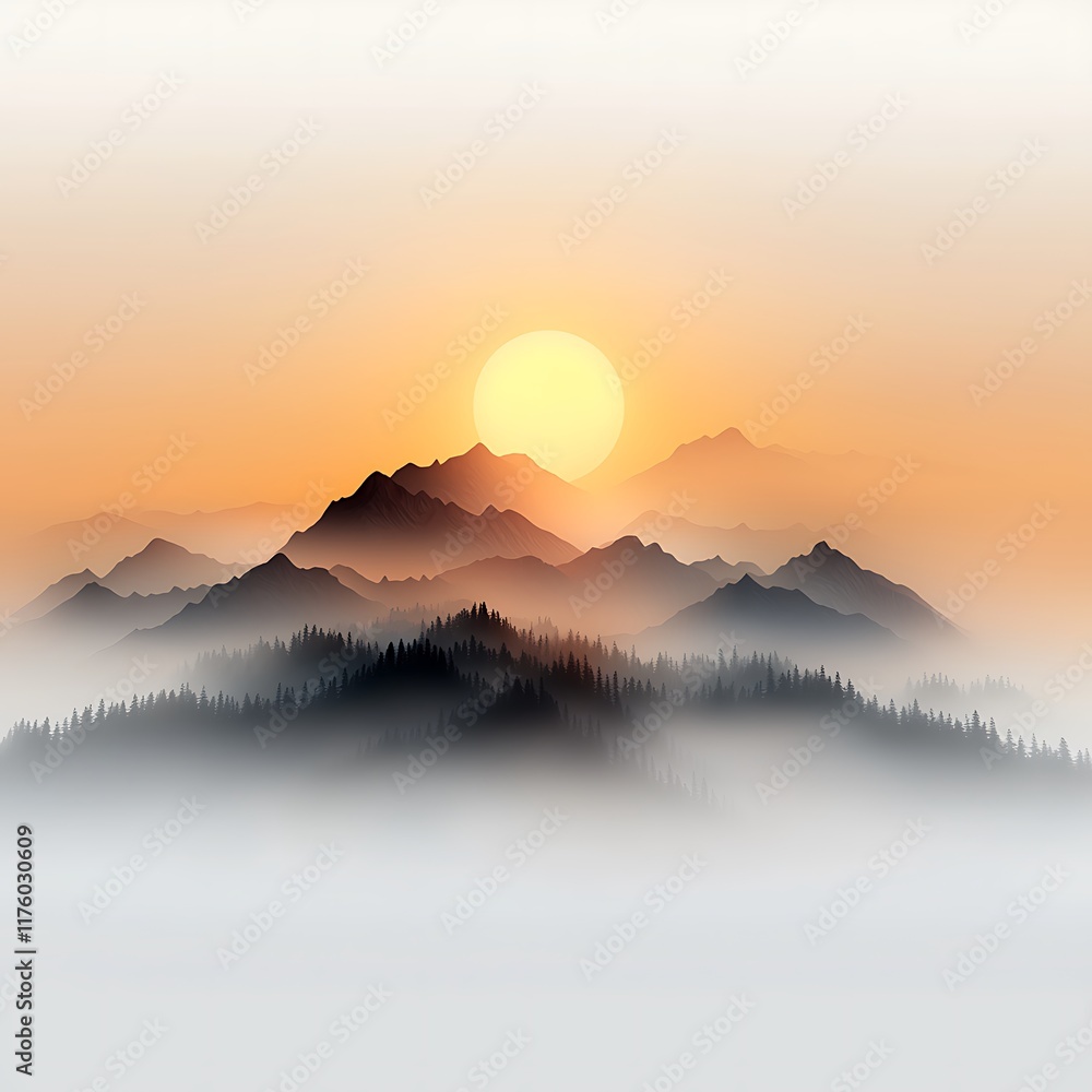 Gentle morning mist covering the mountainside, first light of day ...