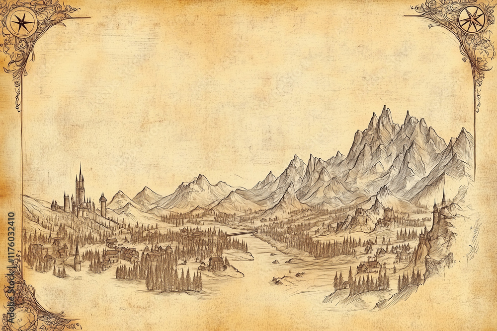 RPG map of a medieval kingdom, featuring mountains, forests, rivers ...