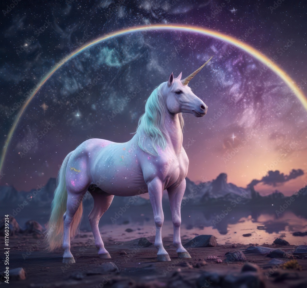 Pastel rainbow unicorn stands on a starry night sky with a celestial ...