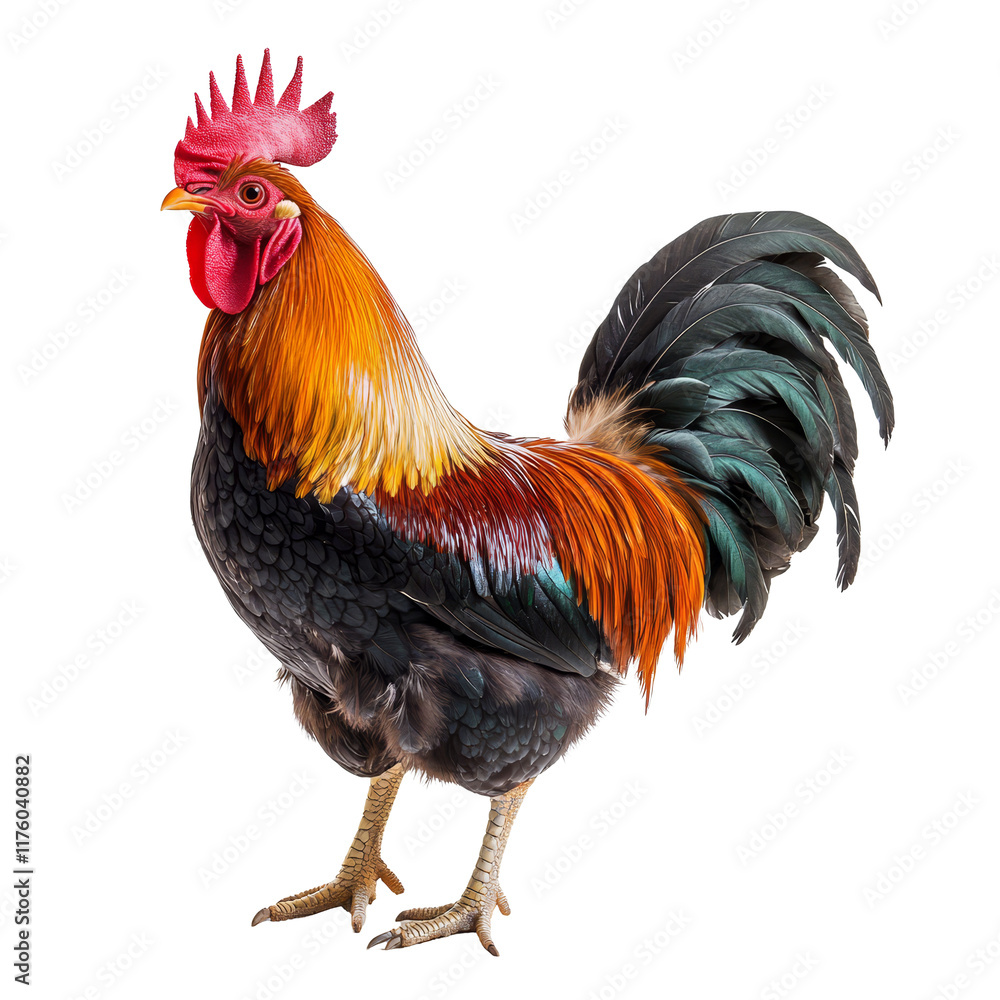 Vibrant Rhode Island Red rooster stands proud against a transparent ...