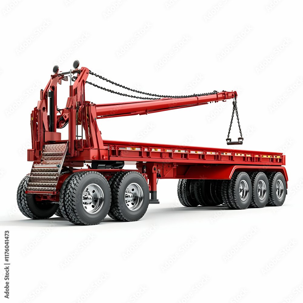 Red heavy-duty lowboy trailer with a crane arm and chain hoist ...