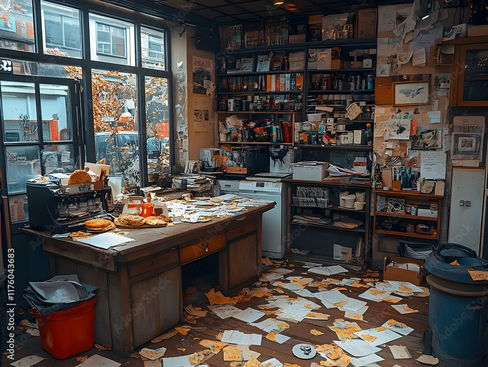 Messy cluttered vintage shop interior with papers scattered on the ...