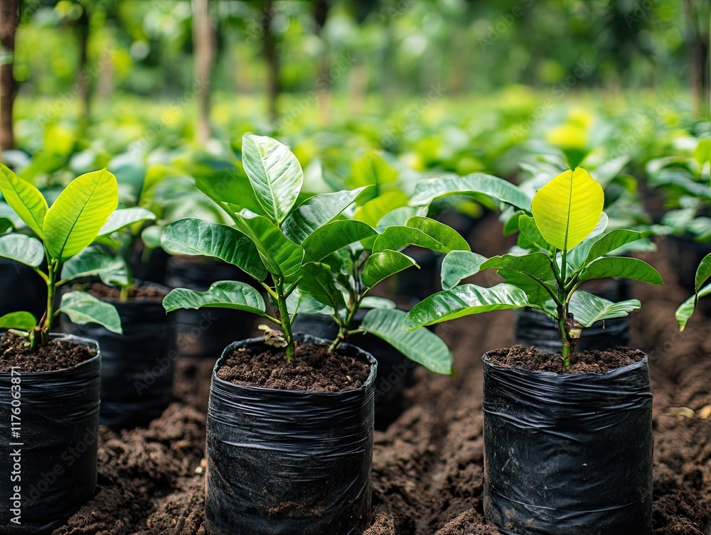 Young citrus trees in nursery, growing in bags, lush green background ...