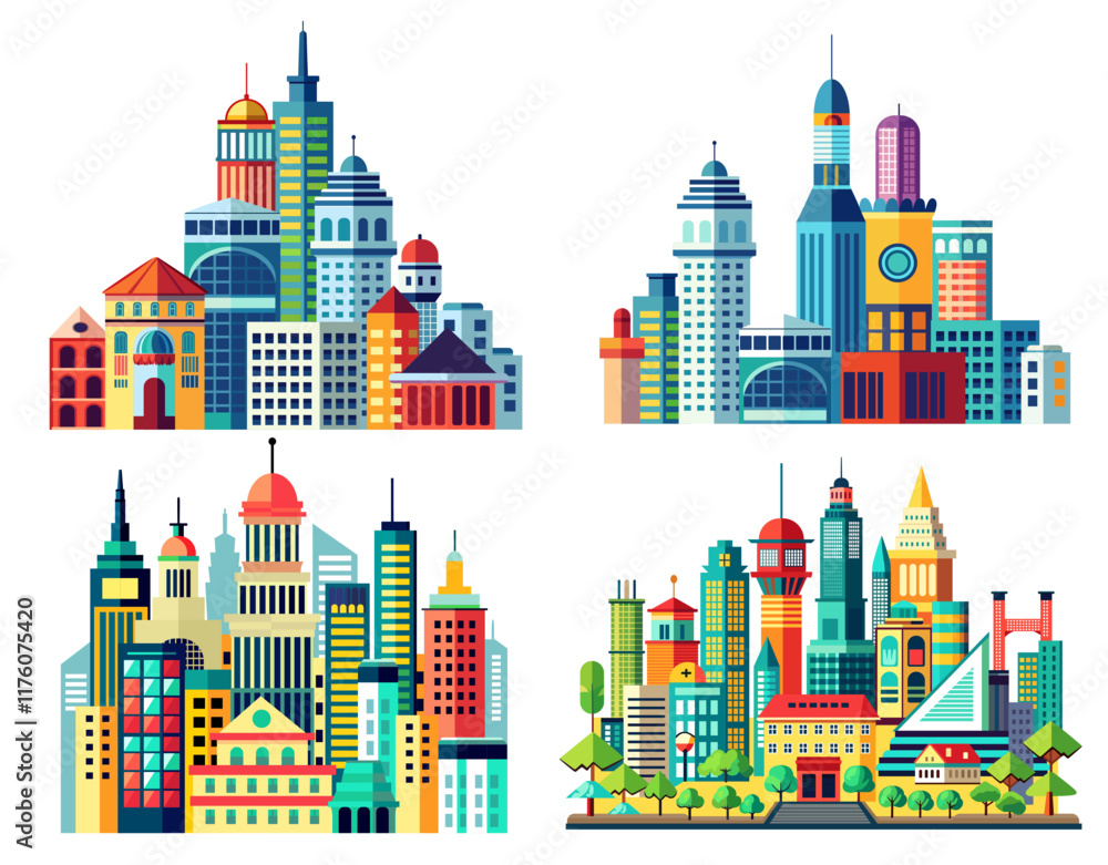 Four colorful cityscapes with various building types representing ...