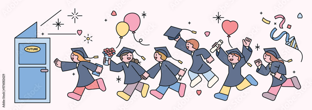 Small and cute graduate characters are running towards the door to ...