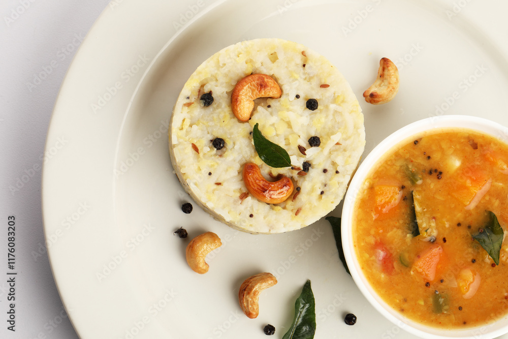South Indian Food Ven Pongal Khara Pongal with Sambar popular breakfast ...