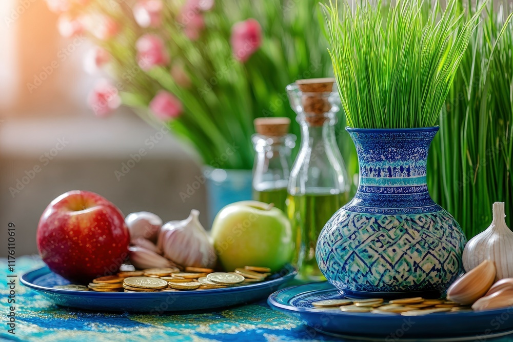 Ilustración de Stock Iranian haft seen, green wheat grass,apple,sumac ...