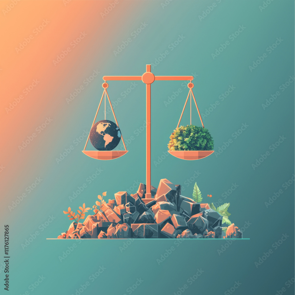 balance scale depicts Earth radiating health and greenery against backdrop of trash smoke and ...
