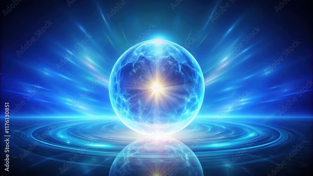 Soft pulsing blue aura surrounds a glowing orb suspended in mid-air ...