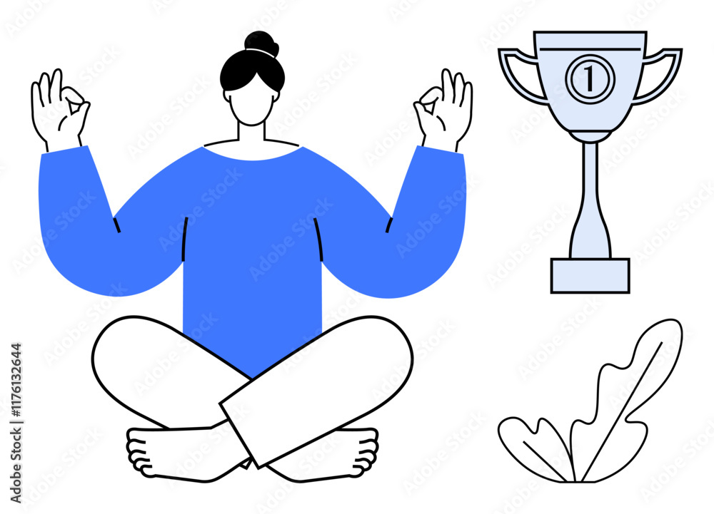 Person meditating in lotus pose, fingers forming okay signs, adjacent ...