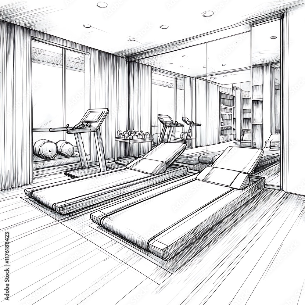 Architectural Sketch of a Modern Home Gym with Treadmills and Exercise ...