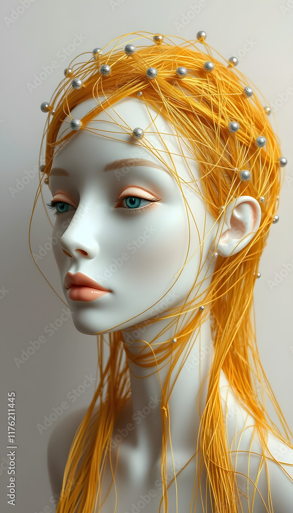 Surreal Golden Thread Sculpture: Ethereal Woman’s Head with Intricate ...